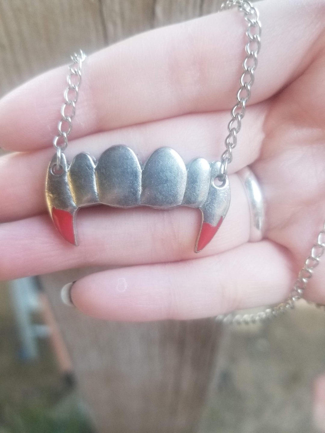 Vampire Bloody Fangs Necklace With Silver Chain Halloween Gothic ...