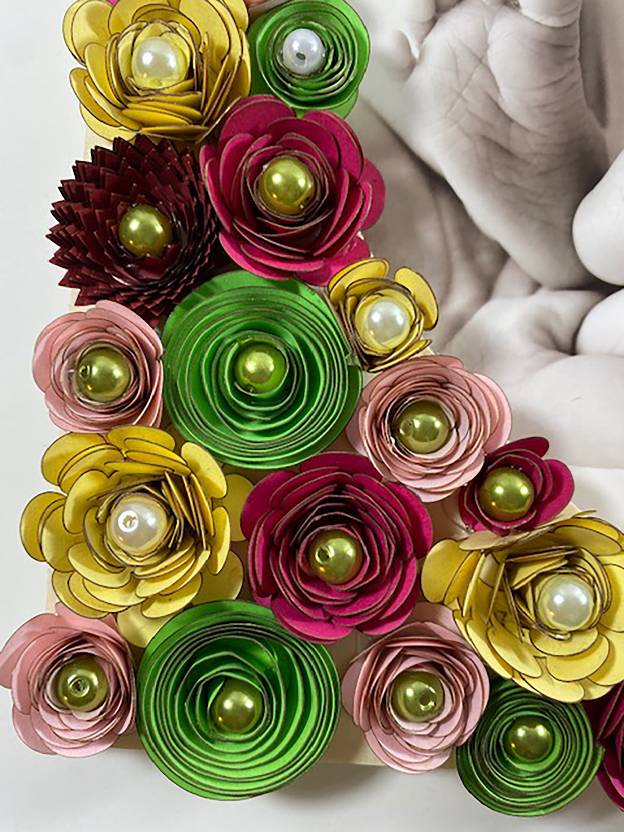 Home Decor/Picture Frame Pinks and Green Rolled Flowers | Etsy