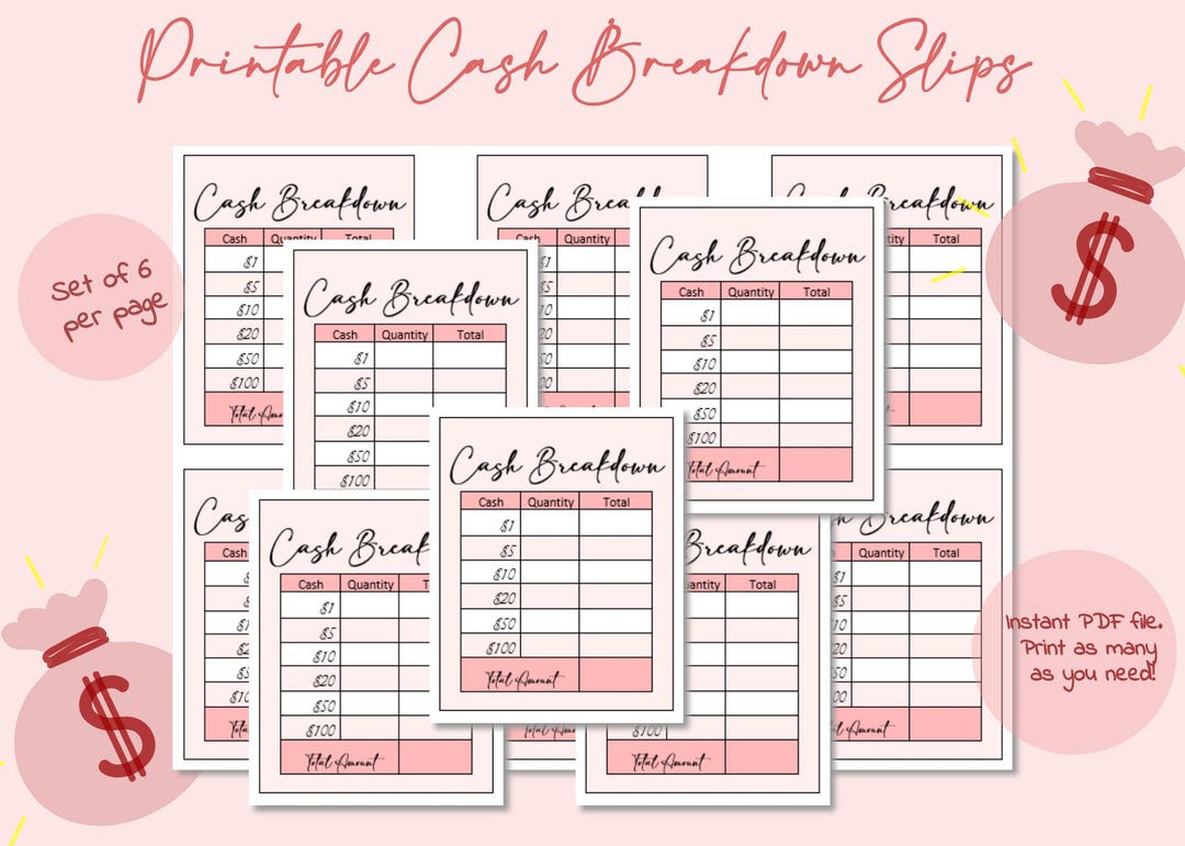 Printable Cash Breakdown Slips, Bank Deposit Slips - Etsy