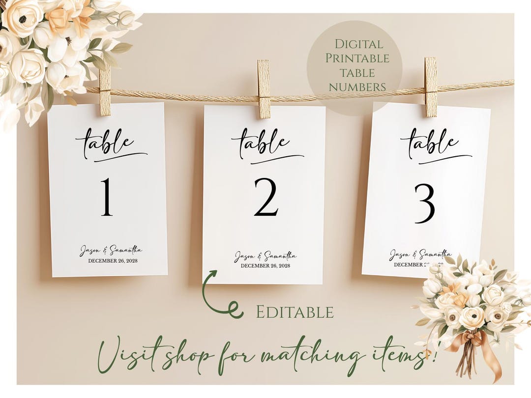 EDITABLE DOWNLOAD Wedding Table Numbers 5x7, Printable Wedding Table ...