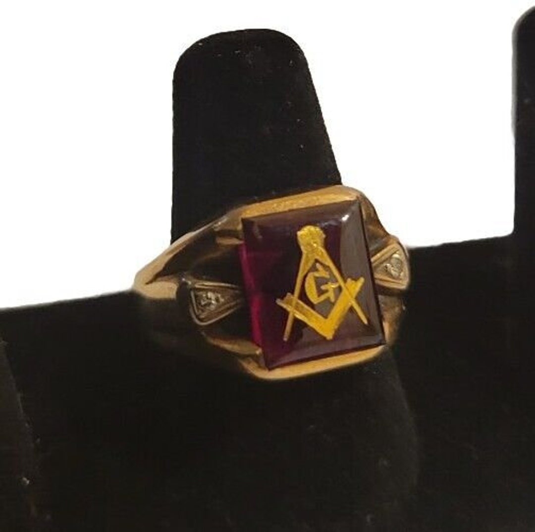 10k Yellow Gold Ruby Red Glass Masonic Ring With Diamonds Size 8.5 - Etsy