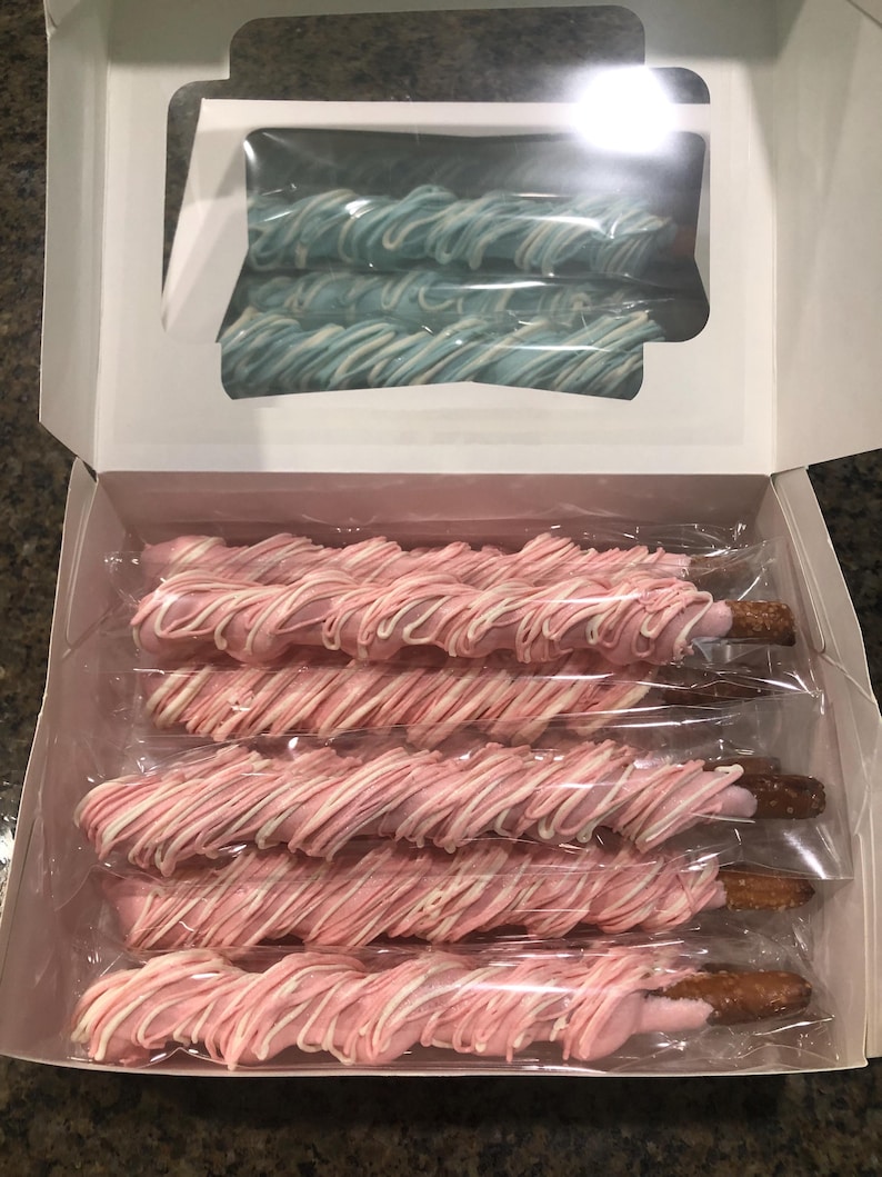 Pretzels, Chocolate Covered Rods, Pink & Blue Party Favors, Baby Shower ...