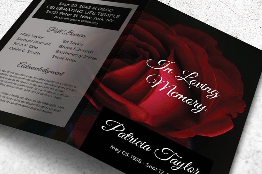 Red Rose Funeral Program Memorial Card Template Editable With - Etsy UK