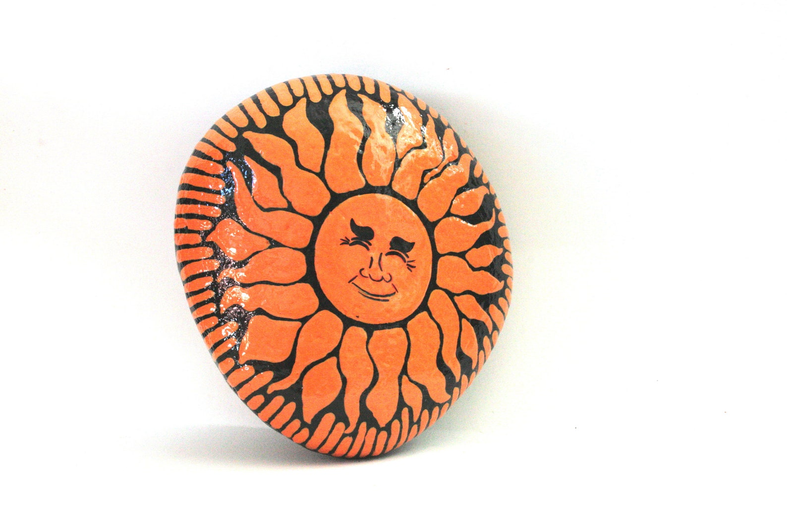 Orange Yellow Painted Rock, Sun Face Beach House Art, Smiling Face ...