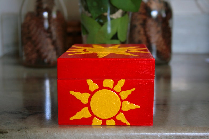 Small Red Wood Box 6 X 2.7 X 4, Cosmic Sun Boho Hippie Storage Box ...