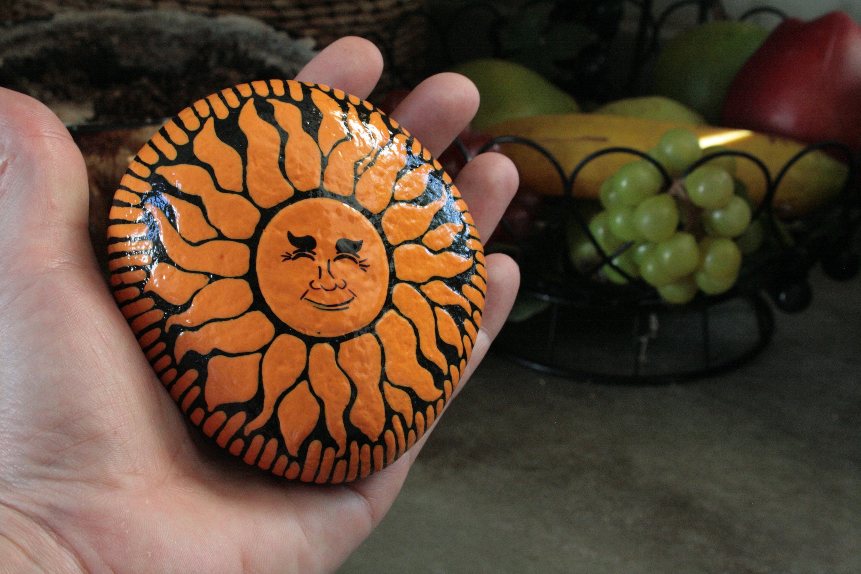 Orange Yellow Painted Rock, Sun Face Beach House Art, Smiling Face ...