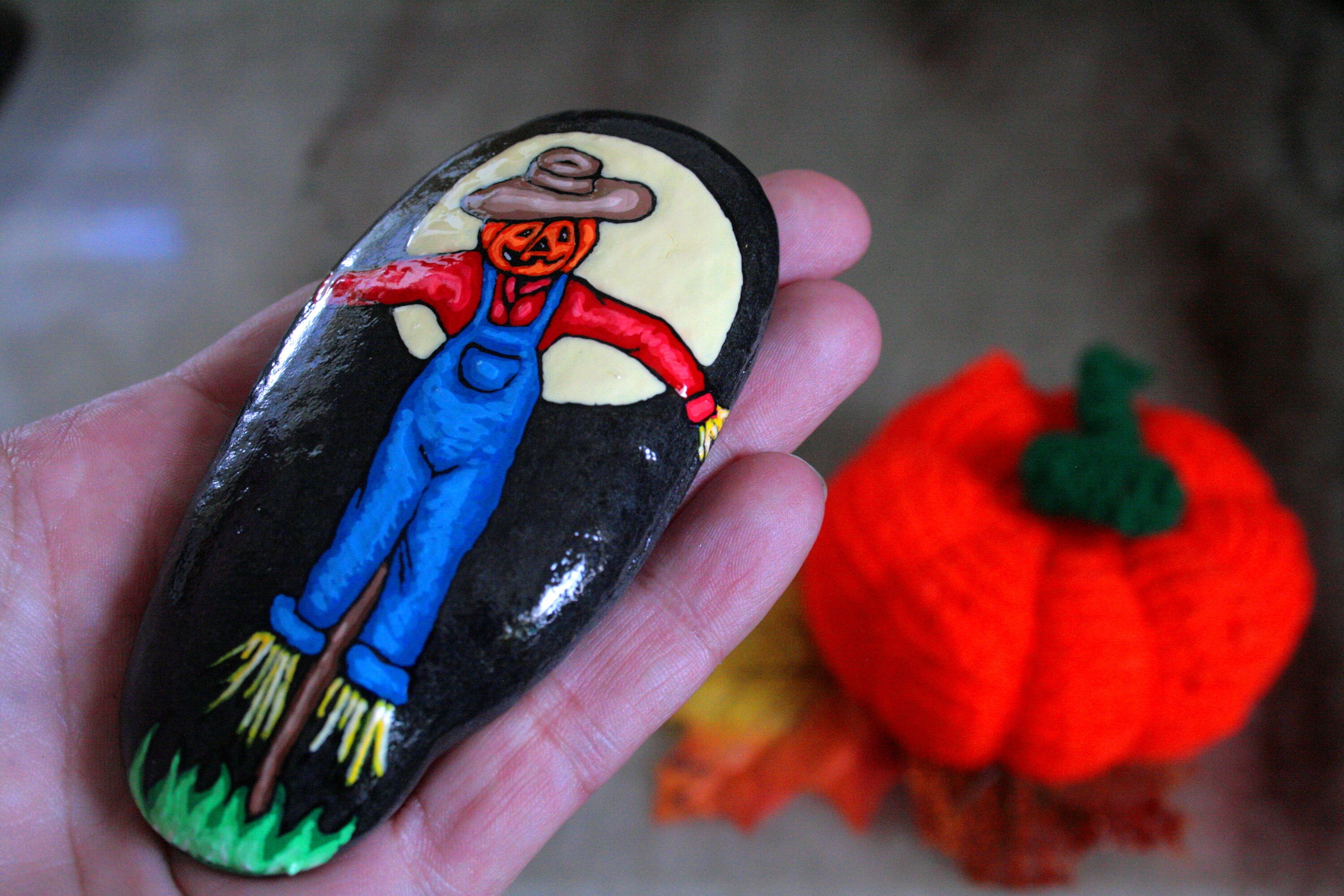 Scarecrow Painting, Beach Rock Art Halloween Decor, If I Only Had A ...