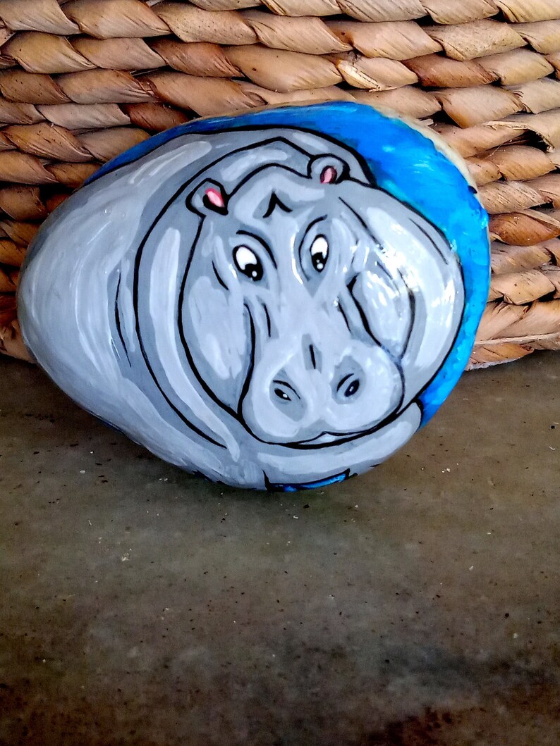 Hippopotamus Art Pet Rock Hippo Painting Animal Print Decor - Etsy