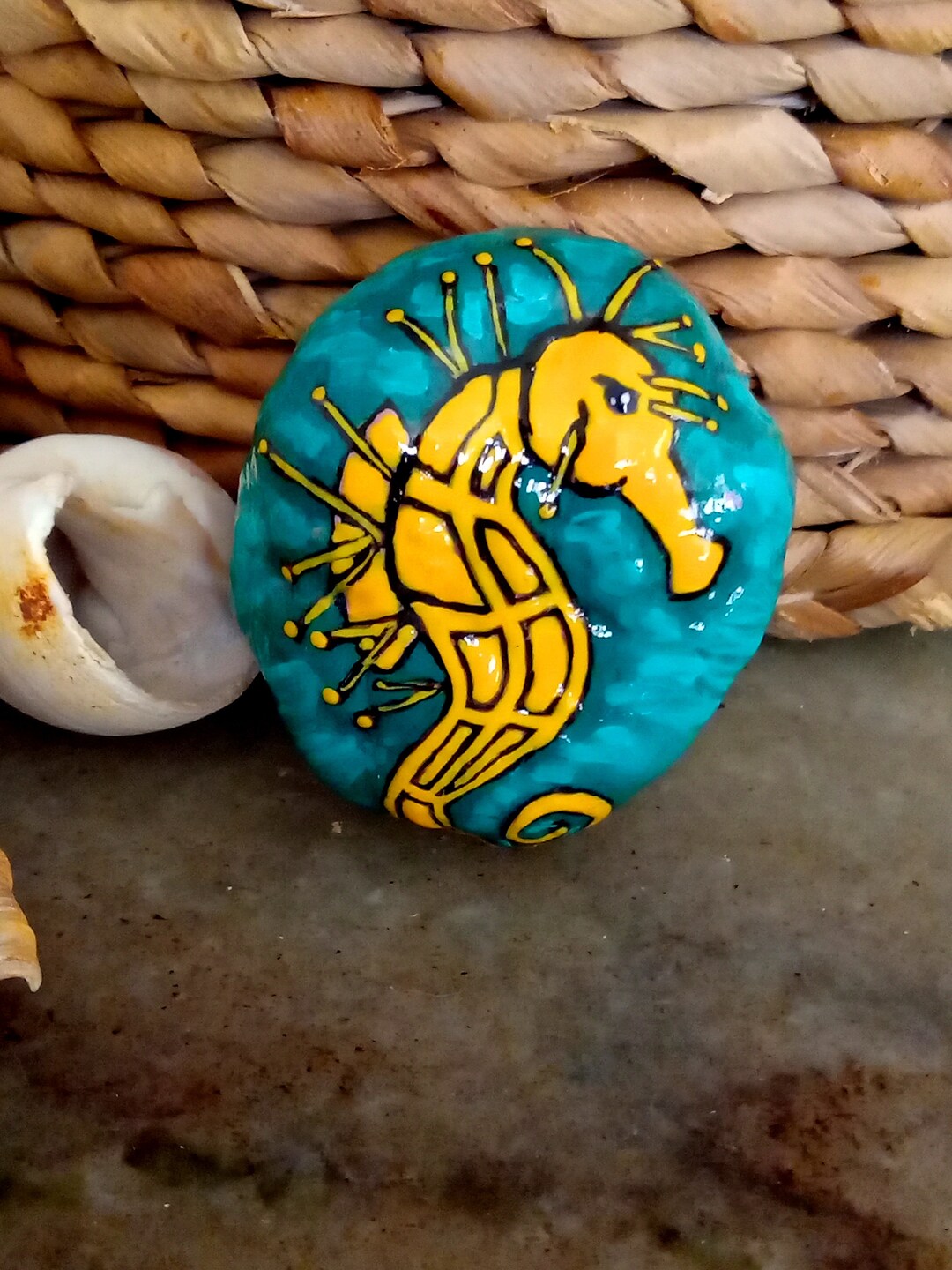 Seahorse Artwork Painted Rock, Beach House Home Accent, Aquarium Marine ...