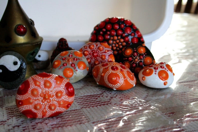 Mandala Rocks Set of Seven, Orange and Red Mandala Dot Art Yoga Gifts ...