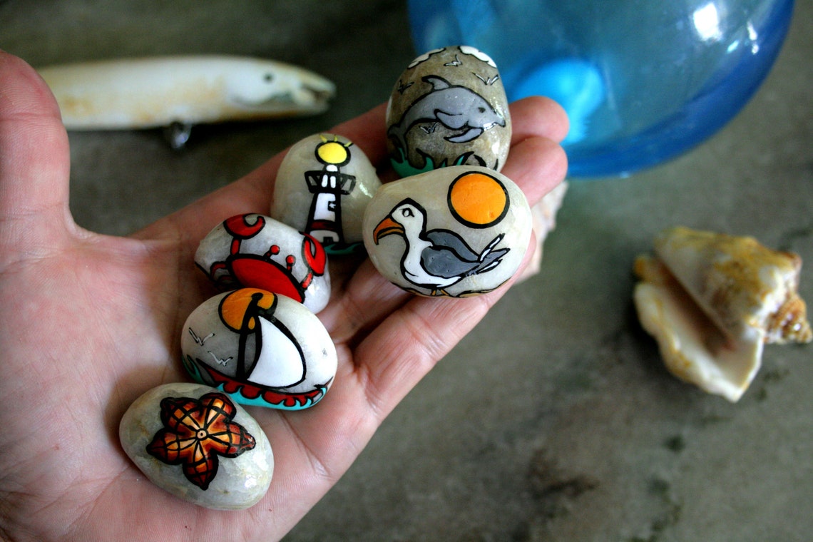 Hand Painted Beach Stones Nautical Theme Beach Comber Pocket - Etsy