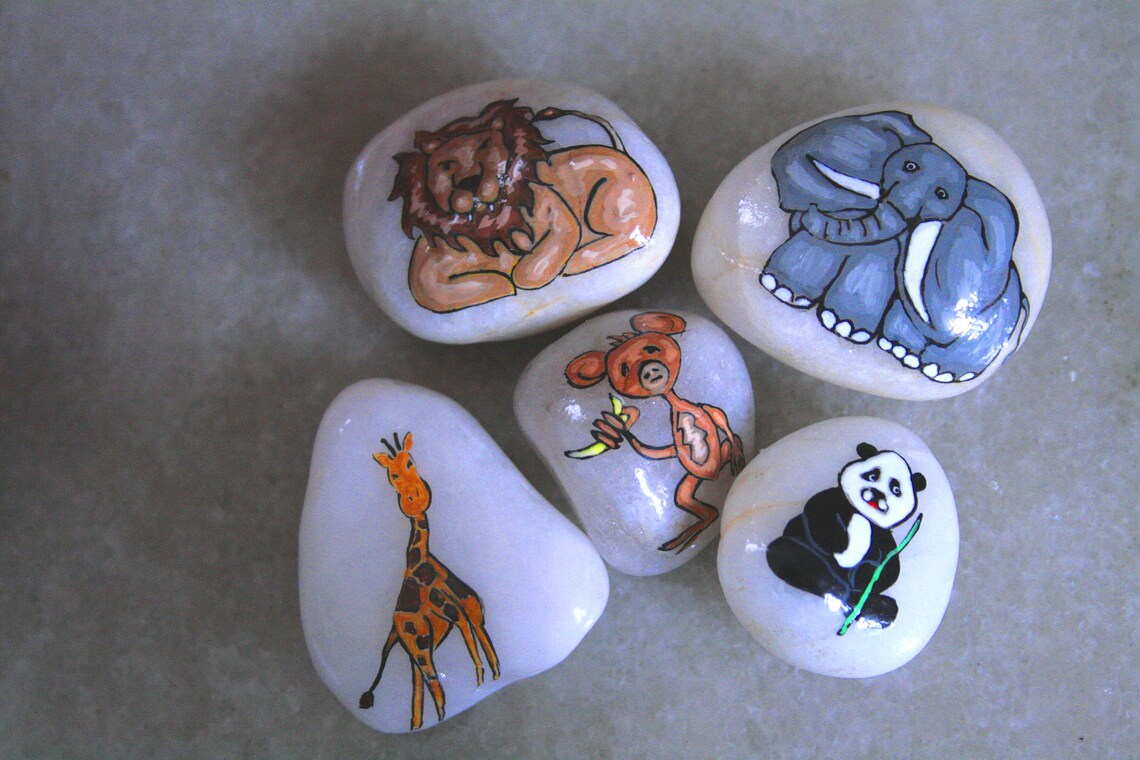 Zoo Animals Painting Beach Rocks Home and Garden Ornaments | Etsy