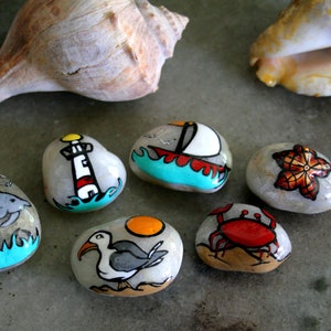Hand Painted Beach Stones, Nautical Theme Beach Comber Pocket Stones ...