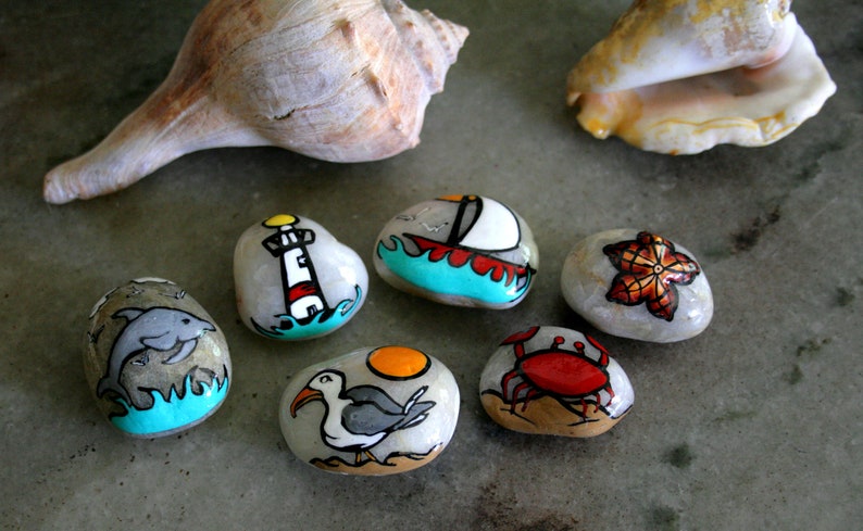 Hand Painted Beach Stones Nautical Theme Beach Comber Pocket - Etsy