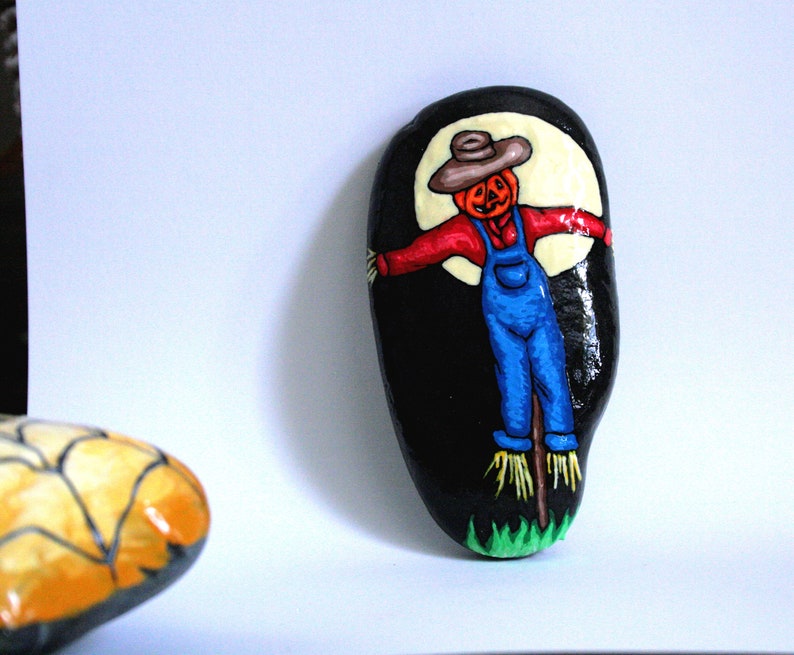 Scarecrow Painting Beach Rock Art Halloween Decor If I Only - Etsy