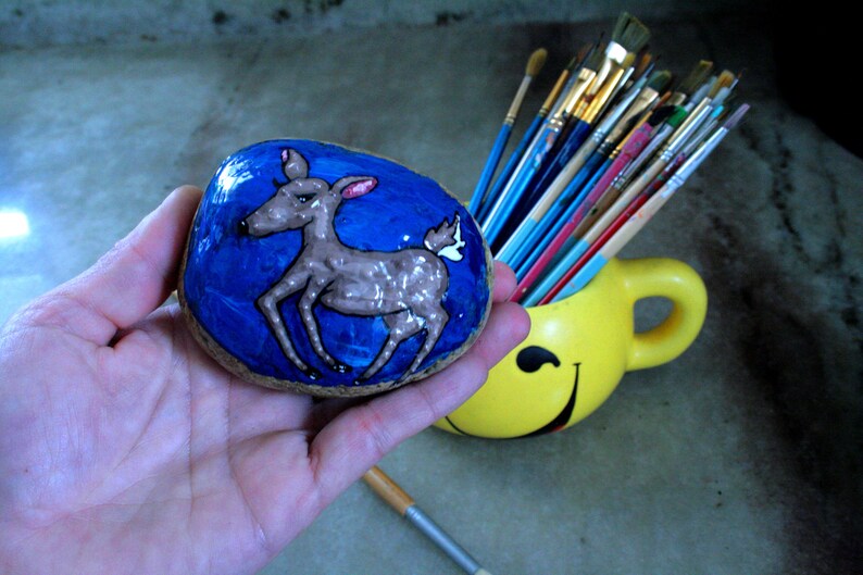 Large Painted Rock Deer Painting, Blue Garden Ornament Gifts for Her ...
