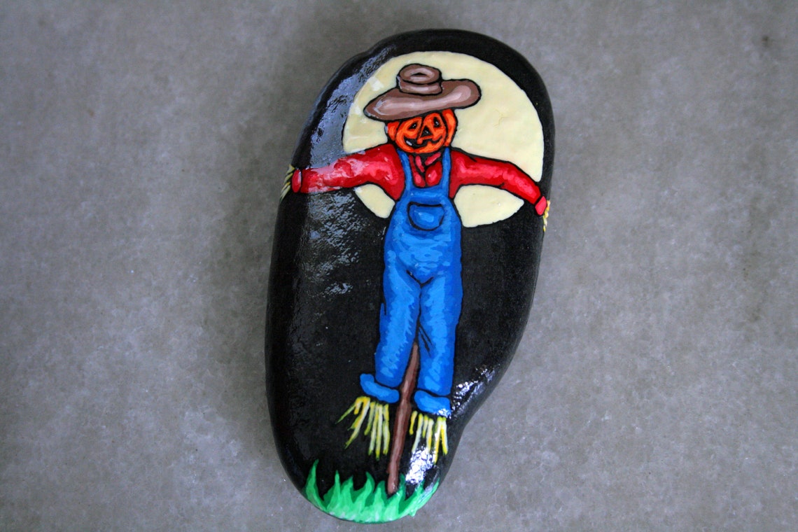Scarecrow Painting, Beach Rock Art Halloween Decor, If I Only Had A ...