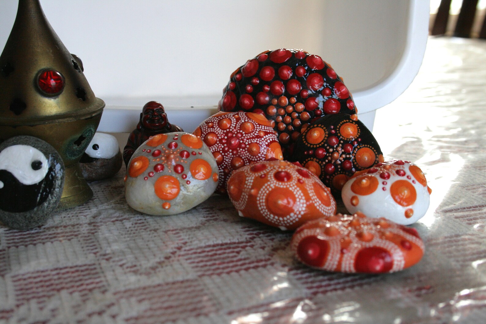 Mandala Rocks Set of Seven, Orange and Red Mandala Dot Art Yoga Gifts ...