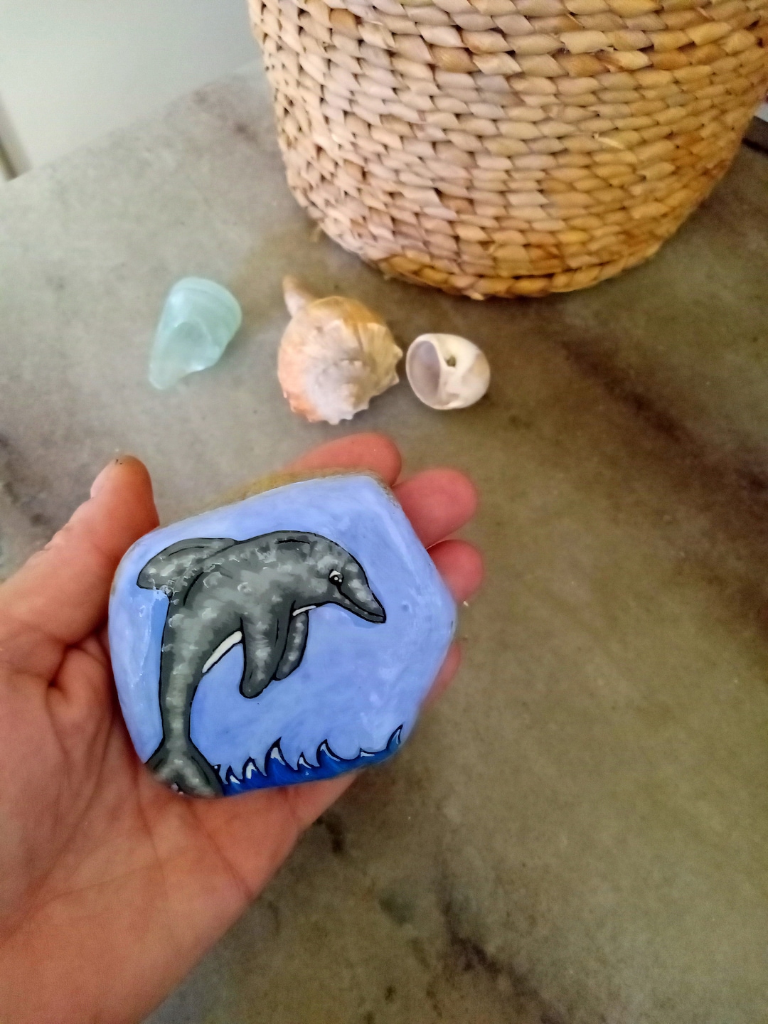 Dolphin Painted Stone, Marine Animal Art Aquarium Rocks Decor, Blue ...