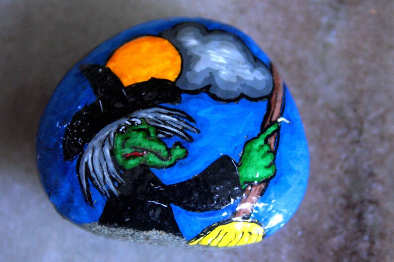 Wicked Witch Halloween Decor, Hand Painted Rock, Witch and Broom Design ...