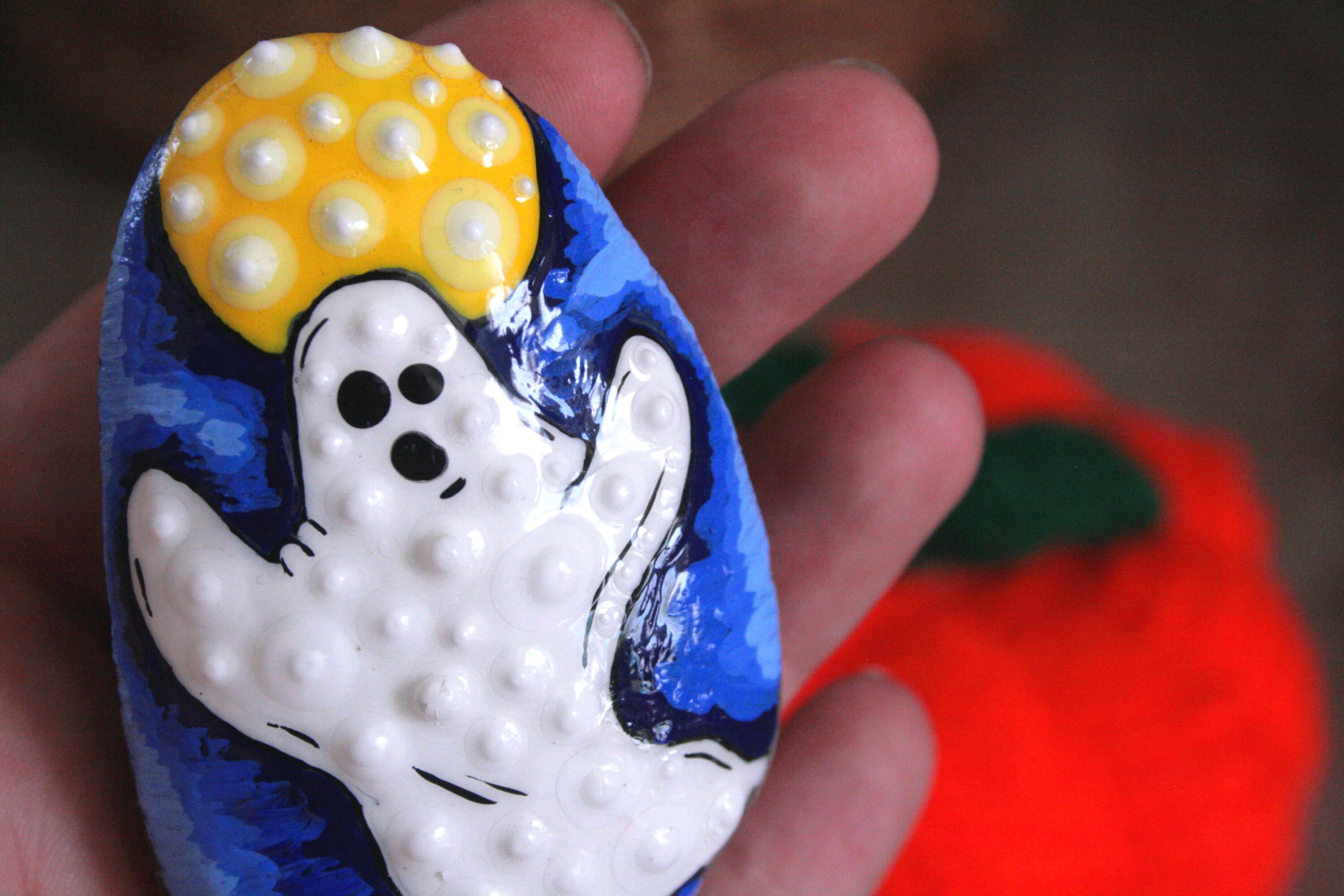Spooky Ghost Dot Artwork Rock, Halloween Ghost Painted Beach Rock, Pale ...