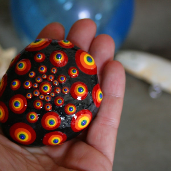 Red Painted Rainbow Dot Art Mandala, Good Luck Painted Stone, Small ...