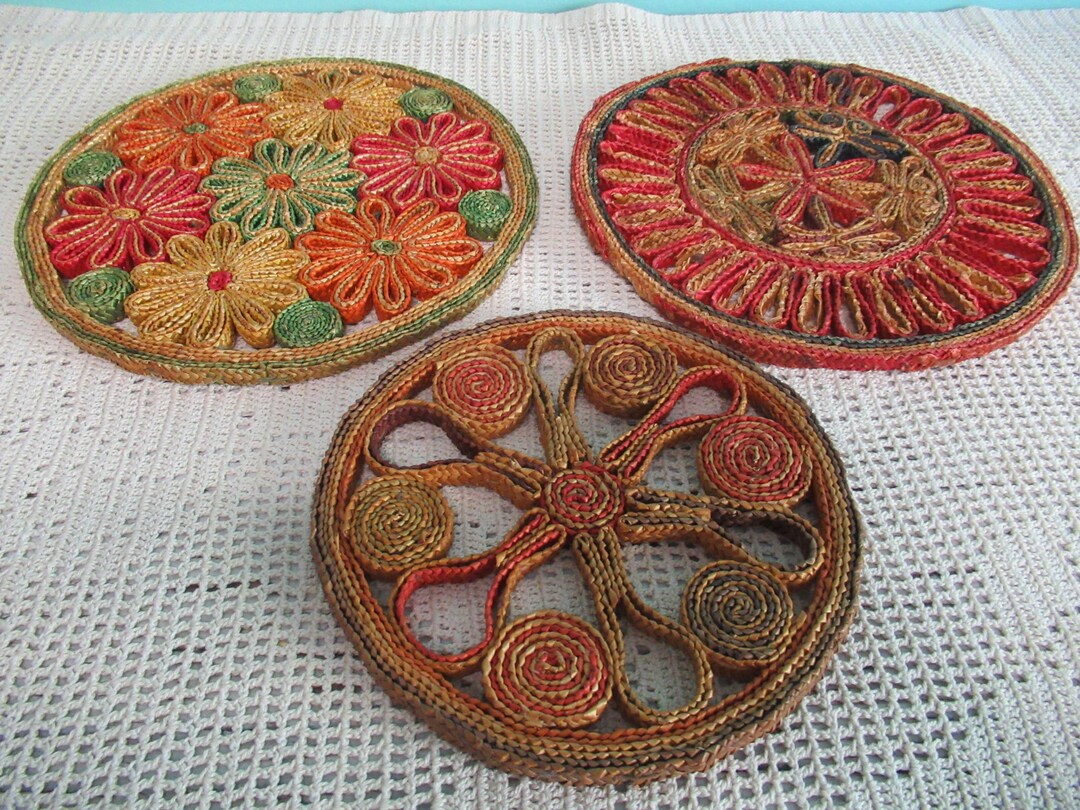 Set of 3 Trivets,rattan Rafia Trivets, VINTAGE Round Flower Shape ...