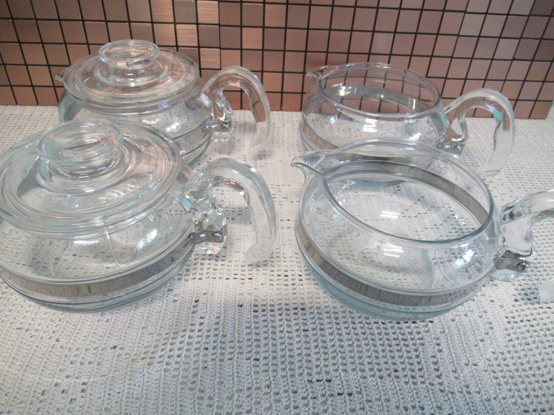 VINTAGE Pyrex 6 Cups,, VTG Teapot Pyrex 8446,, Mid-century Clear Glass ...
