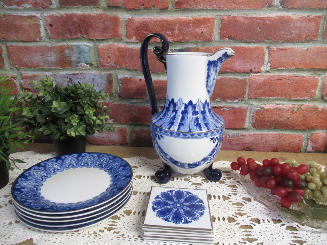 BOMBAY China Coffee Pot , Coaster , Plate , Ceramic White and Cobalt ...