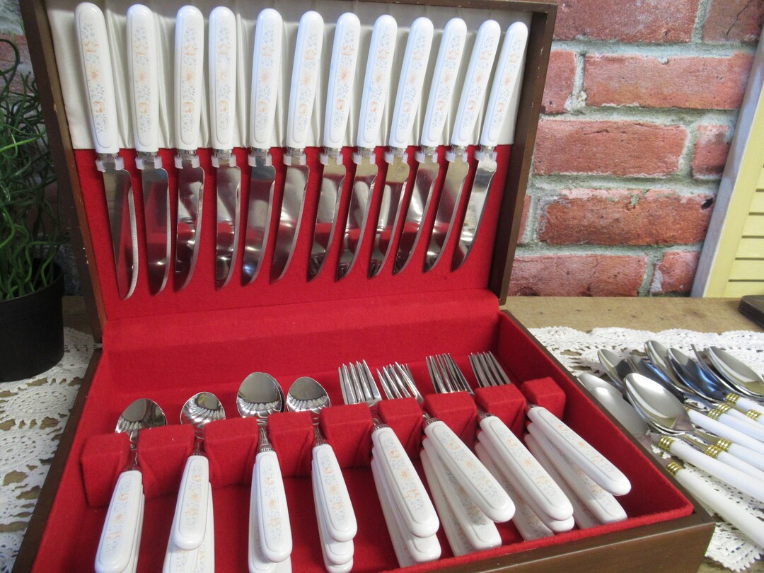 Wood Flatware Chest and Silverware Service for 12, Wooden Storage Box ...
