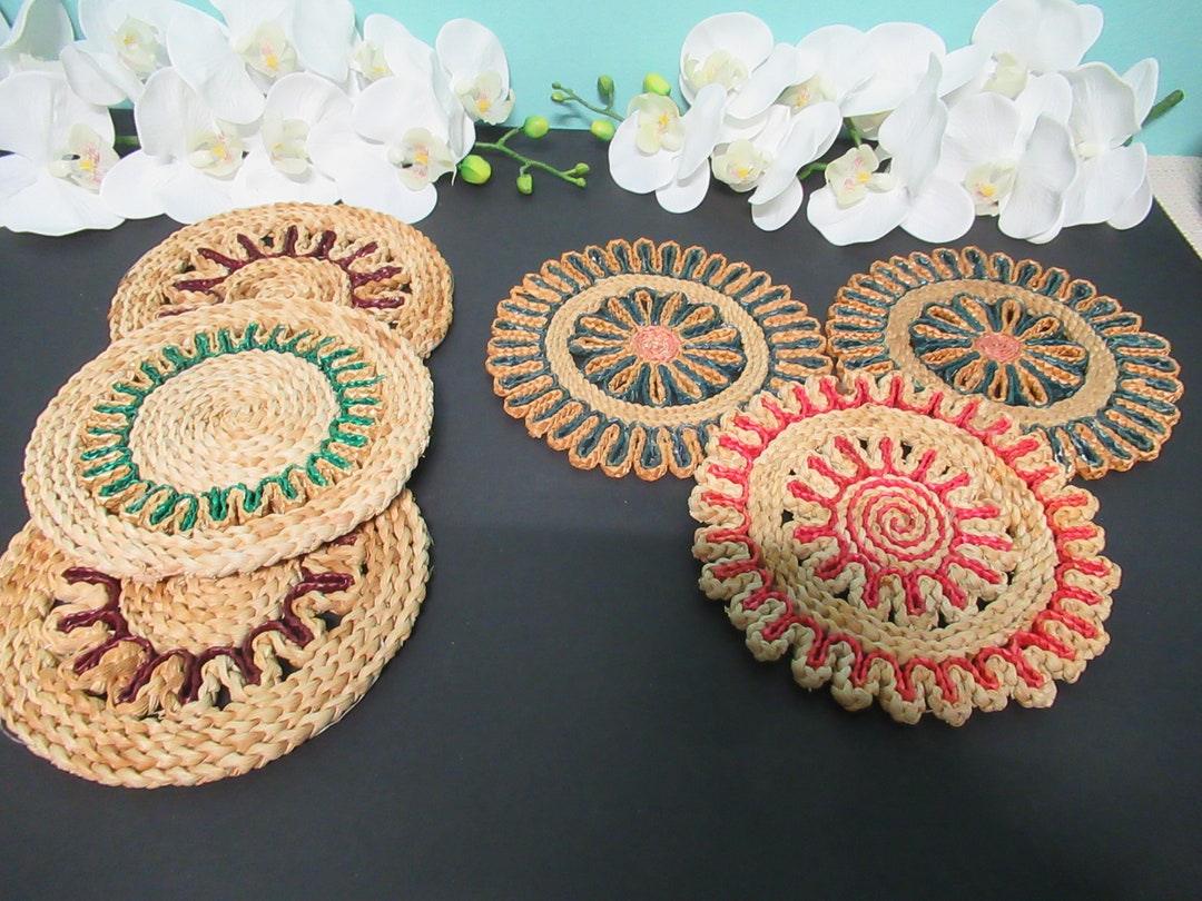 Rattan Rafia Trivets Set of 3 Square Trivets,, VINTAGE 4 Round Flower ...