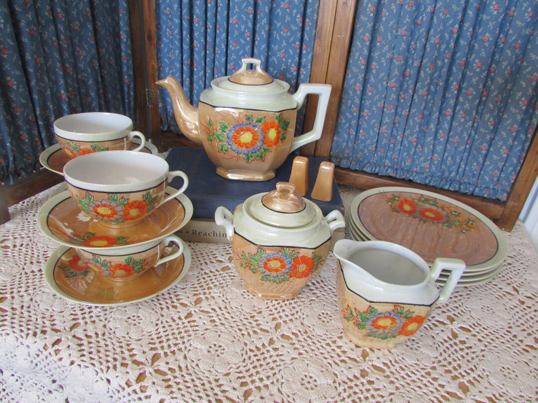 NIPPON Teapot Luncheon Set,, VINTAGE Peach Luster Service for 4 Peoples ...