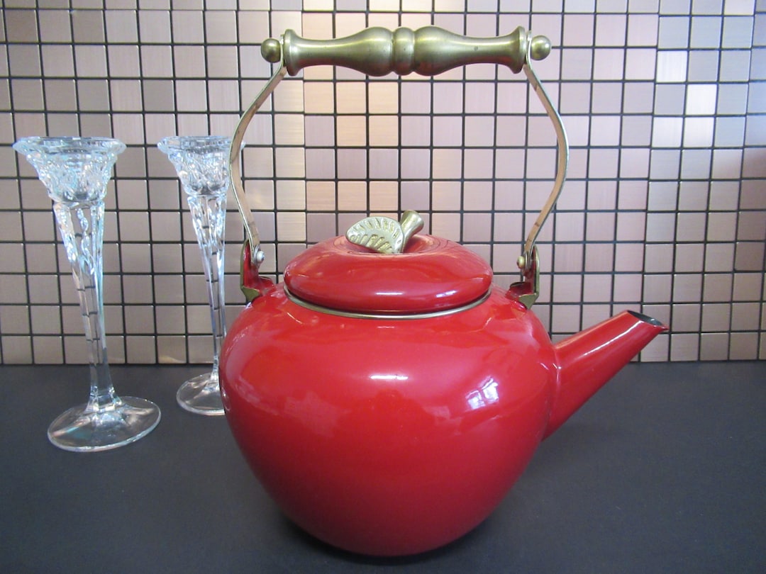 Enameled Red Kettle,, VINTAGE Apple Kettle,, Red Enamel and Gold Metal ...