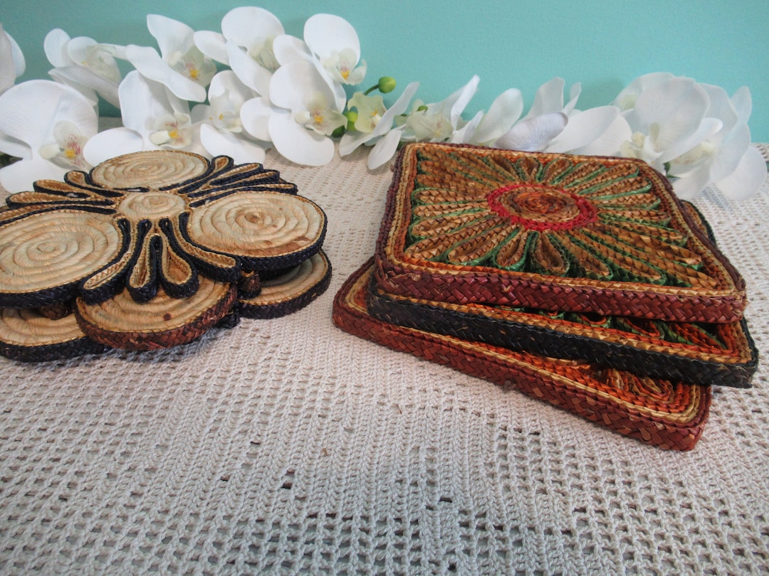 Rattan Rafia Trivets Set of 3 Square Trivets,, VINTAGE 4 Round Flower ...