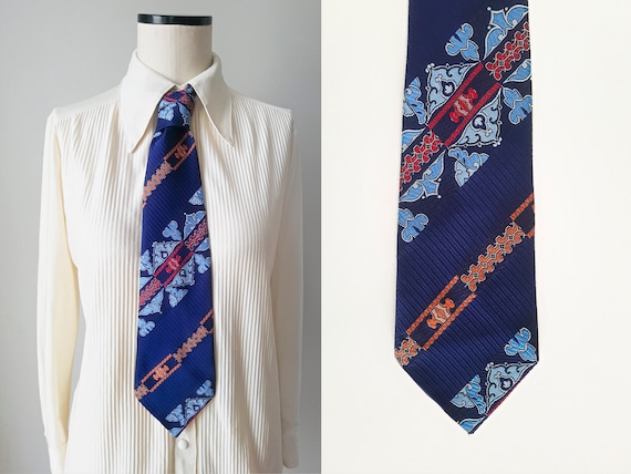 Original 1970s tie with pattern in dark blue with abs… - Gem