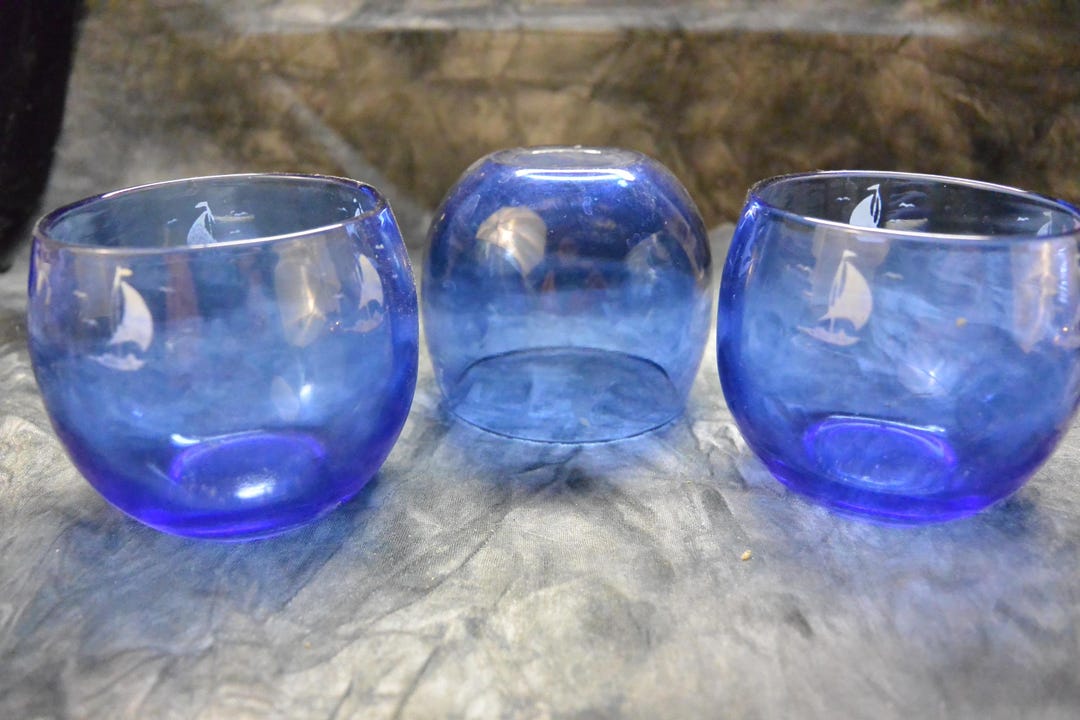 Three HAZEL ATLAS Cobalt Blue Roly Poly Cocktail Glasses; Sailboat ...