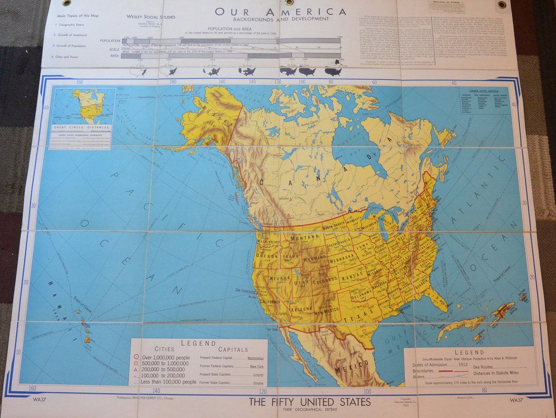 Vintage School Social Studies Map Denoyer-geppert WA37 the 50 United ...