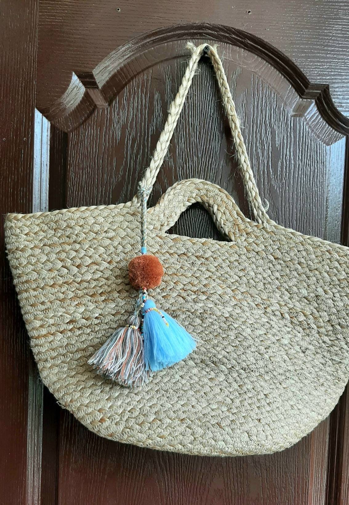 Boho Bag Charmsbrown and Blue Pompom Tassels Bag Charmbag - Etsy UK