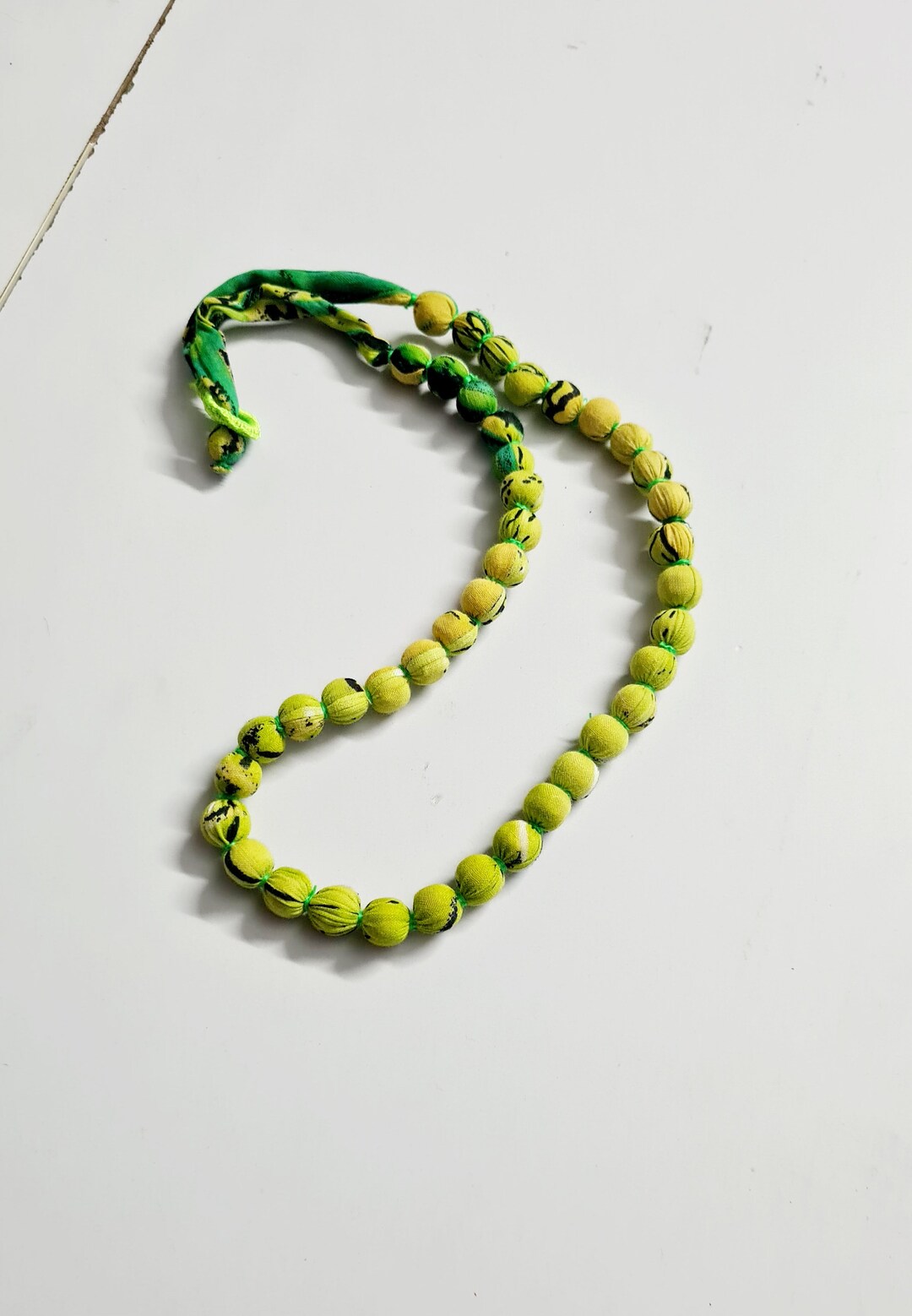 Spring Green Fabric Knotted Beaded Necklaces, Bohemian Fabric Necklace ...