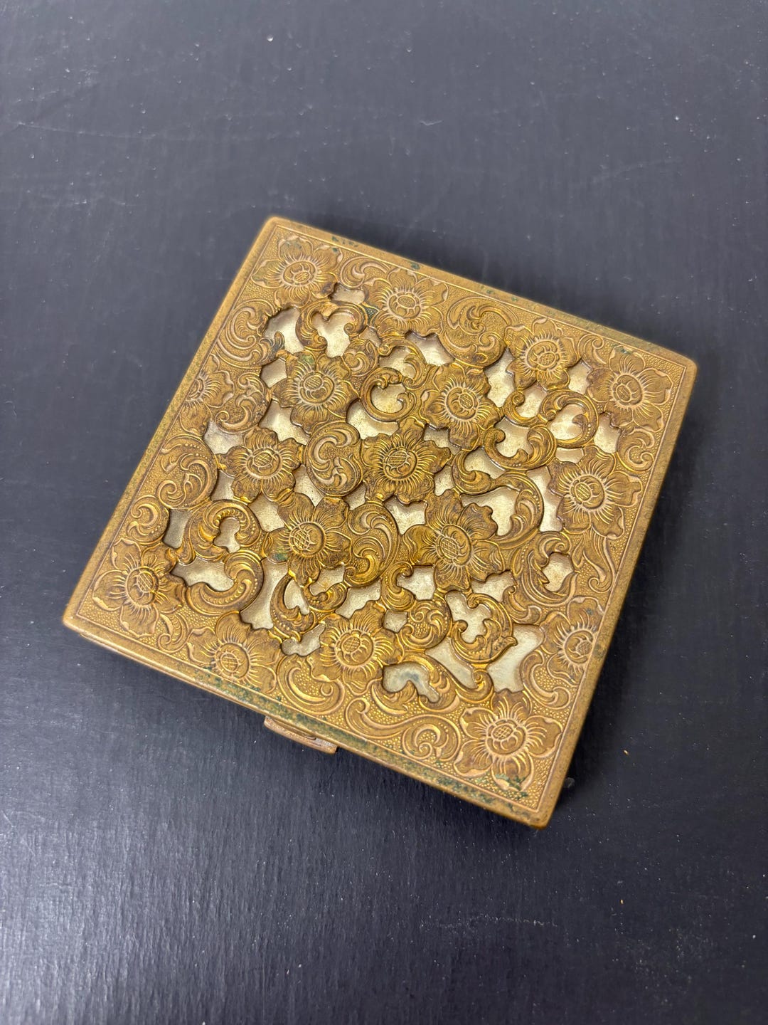 Vintage MCM Coty Brass Square Powder Compact With Pierced & Etched ...