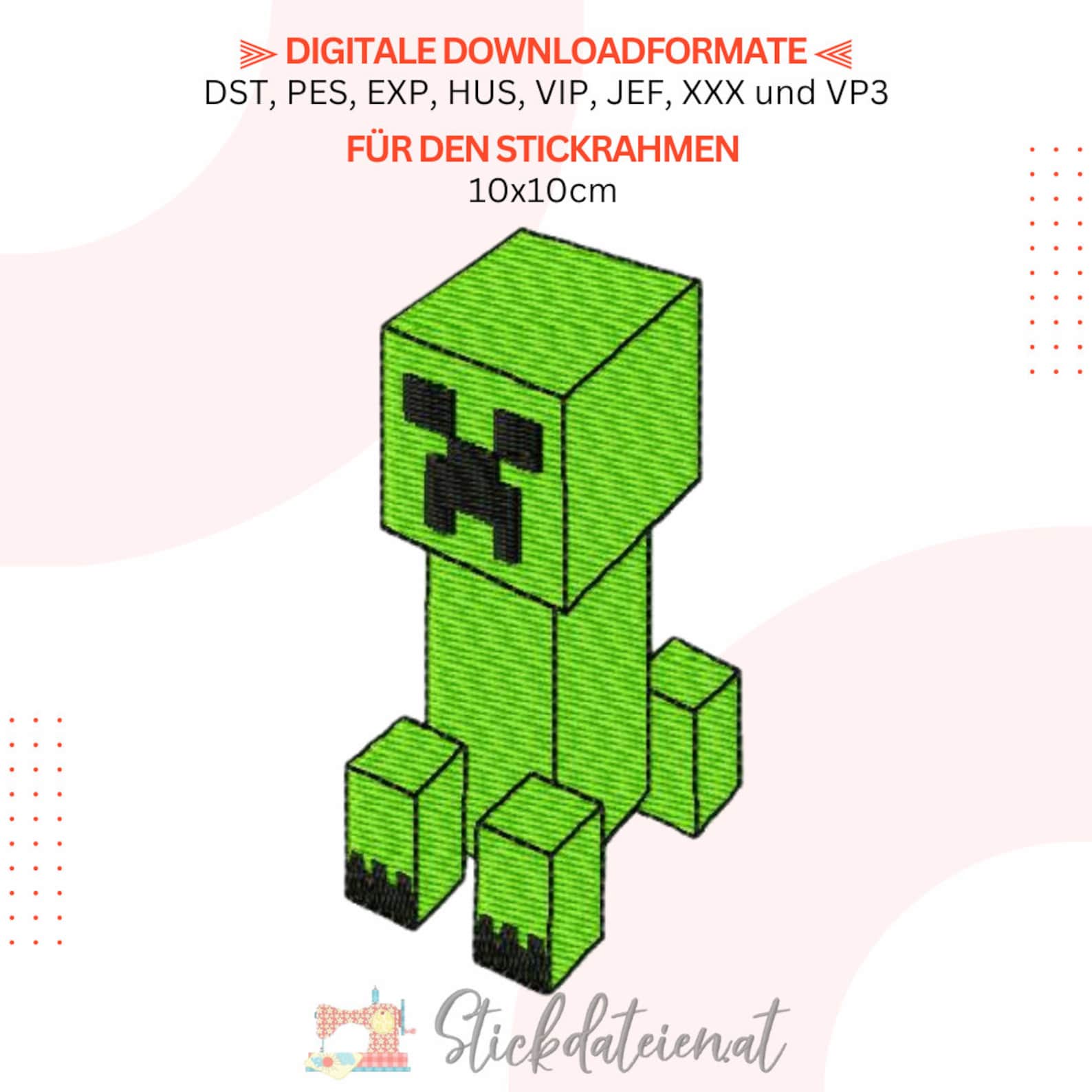 Minecraft Creeper Embroidery File, Pixel Creeper Embroidery Pattern ...