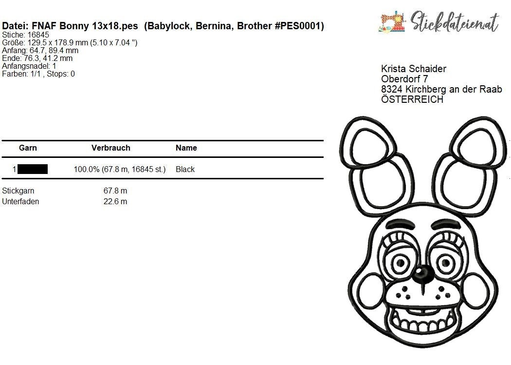 Embroidery File FNAF Bonnie, Embroidery File 13 X 18 Cm, Digital ...