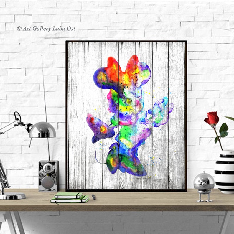 Minnie Mouse Watercolor Print With Wood Effect Minnie - Etsy