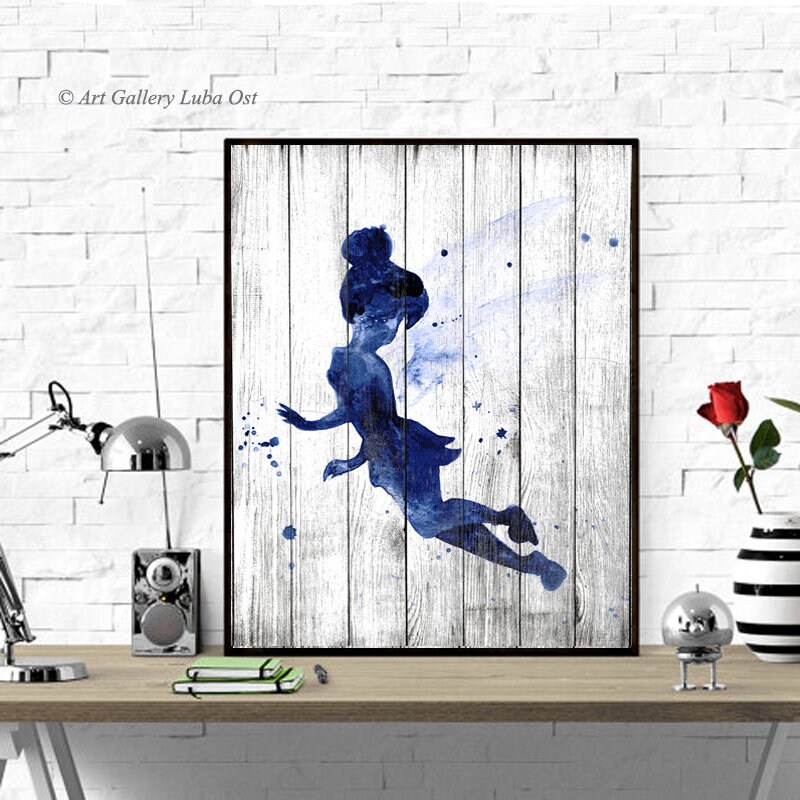 Tinker Bell Navy Blue Art Print Disney watercolor print with | Etsy