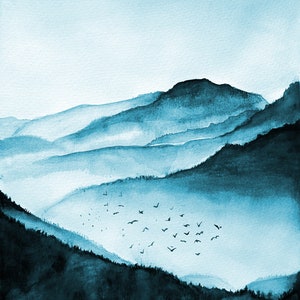 Blue Mountain Watercolor Print Mountain Art Print Landscape Art ...