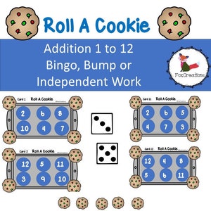 Roll A Cookie Addition Game, Bingo, Bump, Independent Work (1-12) - Etsy
