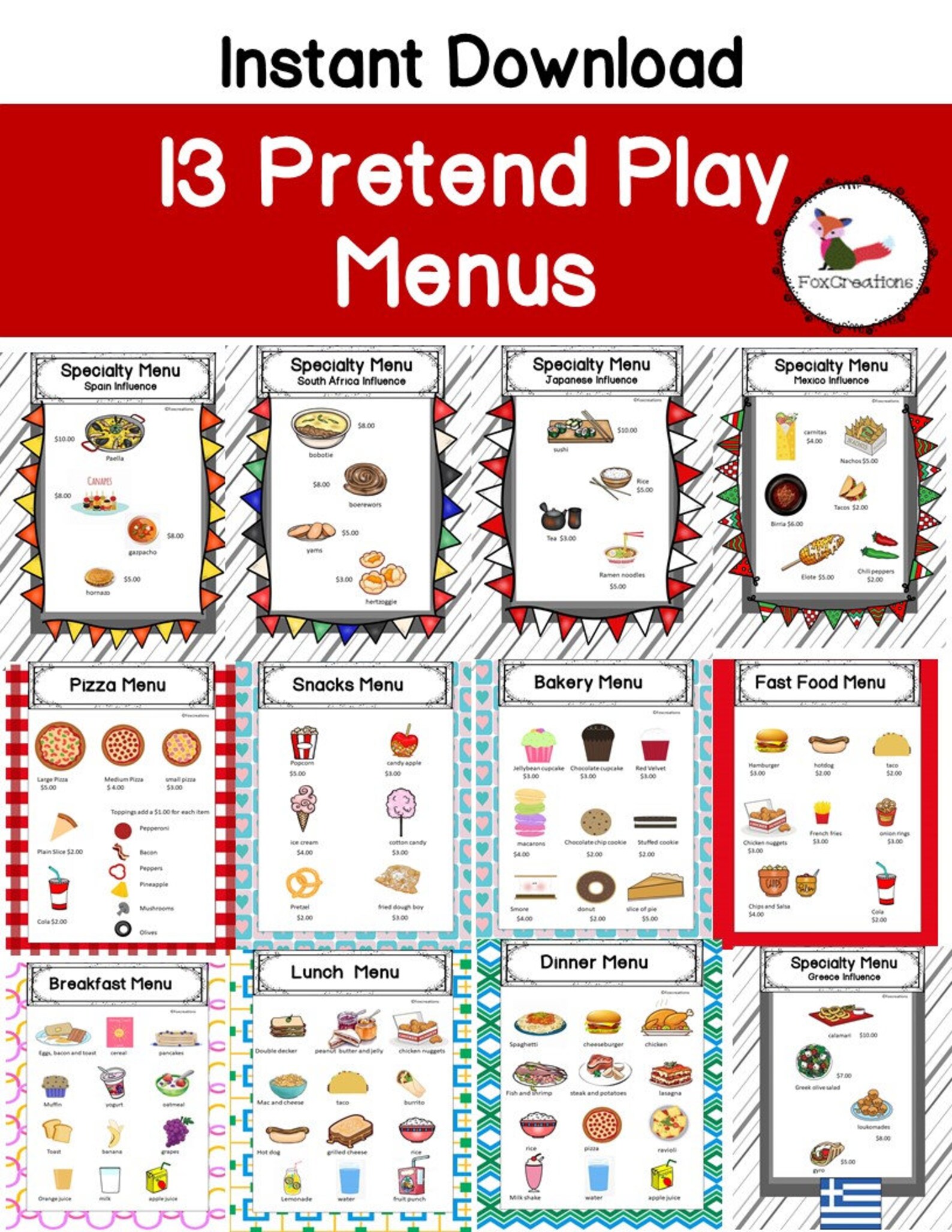 Kids Pretend Play Menus, Dramatic Play Set, Restaurant Menus Kids ...