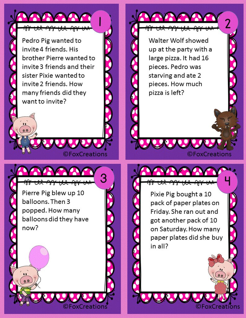 Word Problem Work Out Cards ~ Math Center~ Printable~ Instant~ Print ...