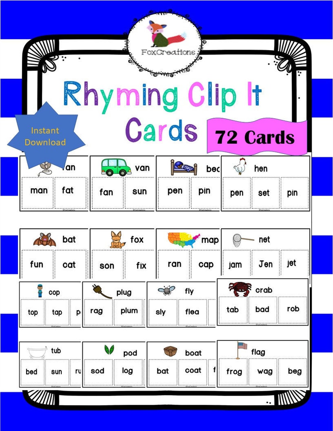 Rhyming Clip It Cards/ Early Childhood Skills/ Early Reading Skills ...
