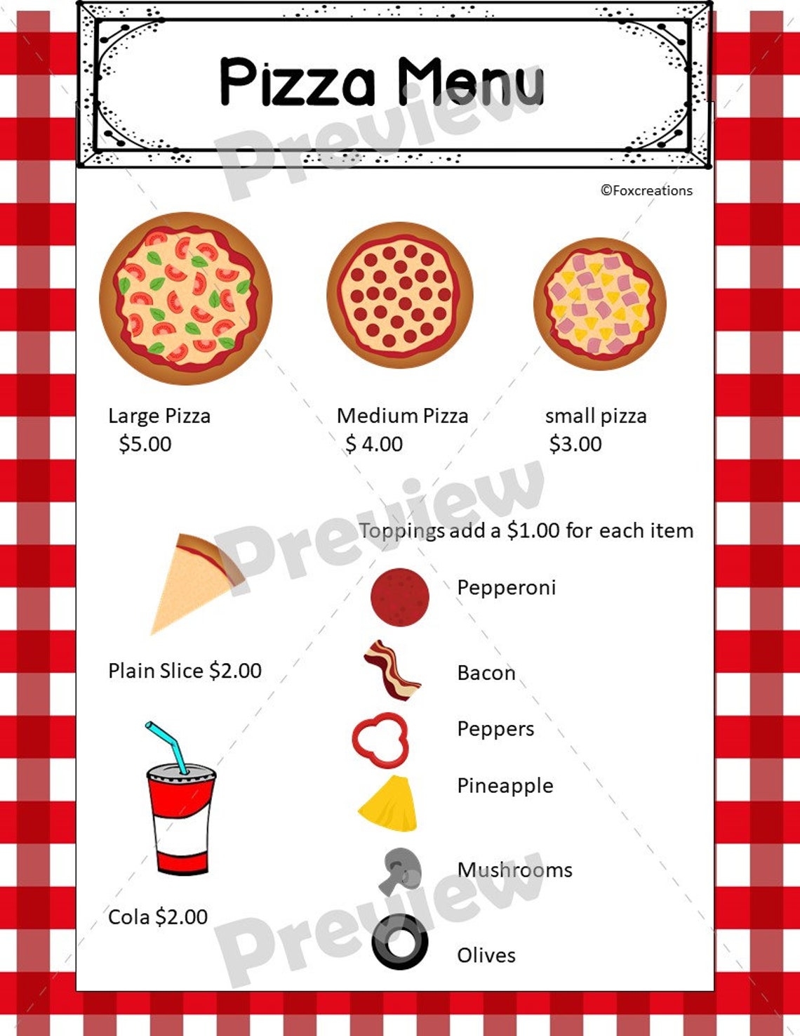 Pretend Play Menus, Restaurant Play, Kids Menu, Pizza Menu, Preschool ...